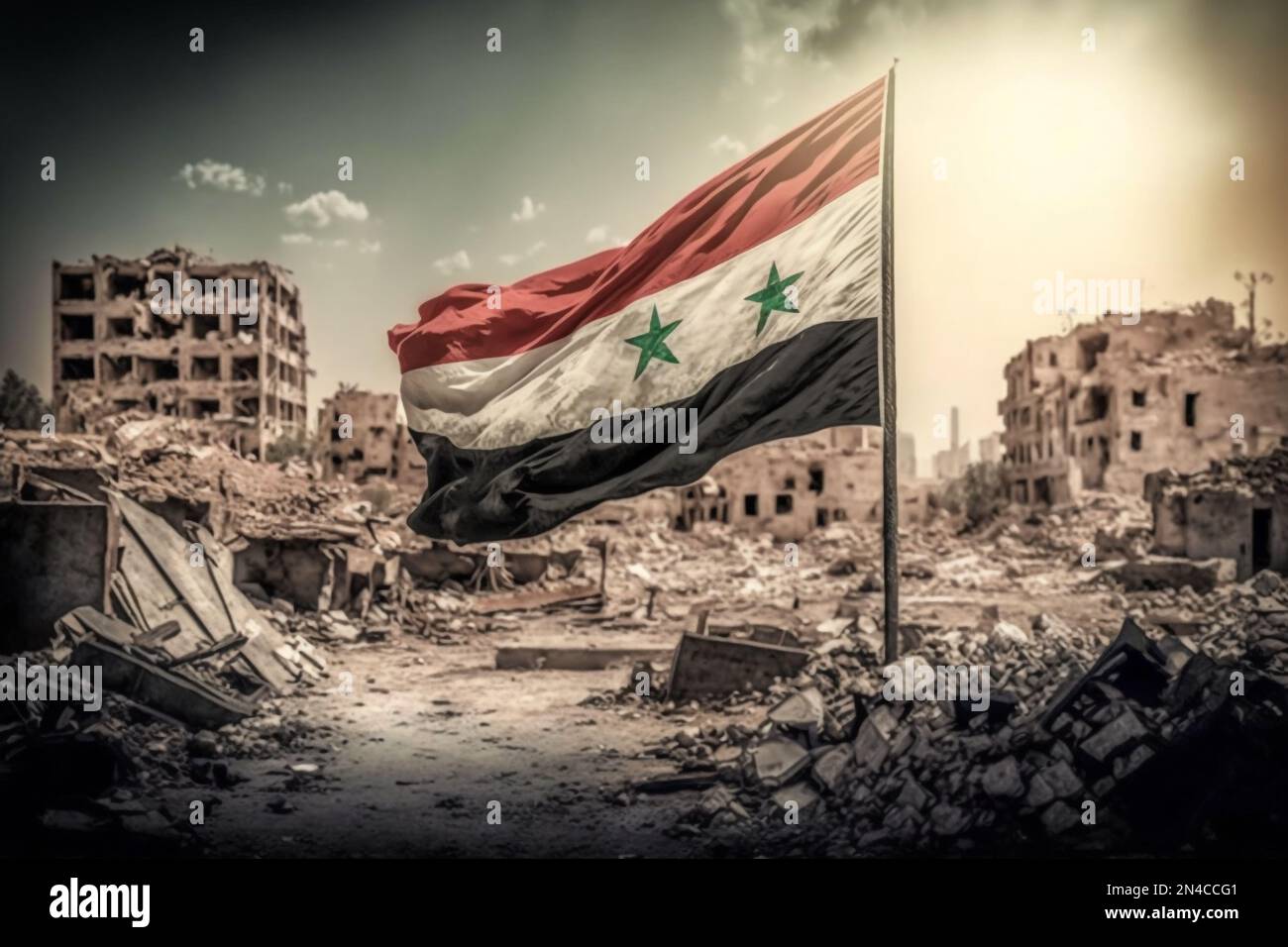The Syrian flag flies over the state after the earthquake. Ruins ...