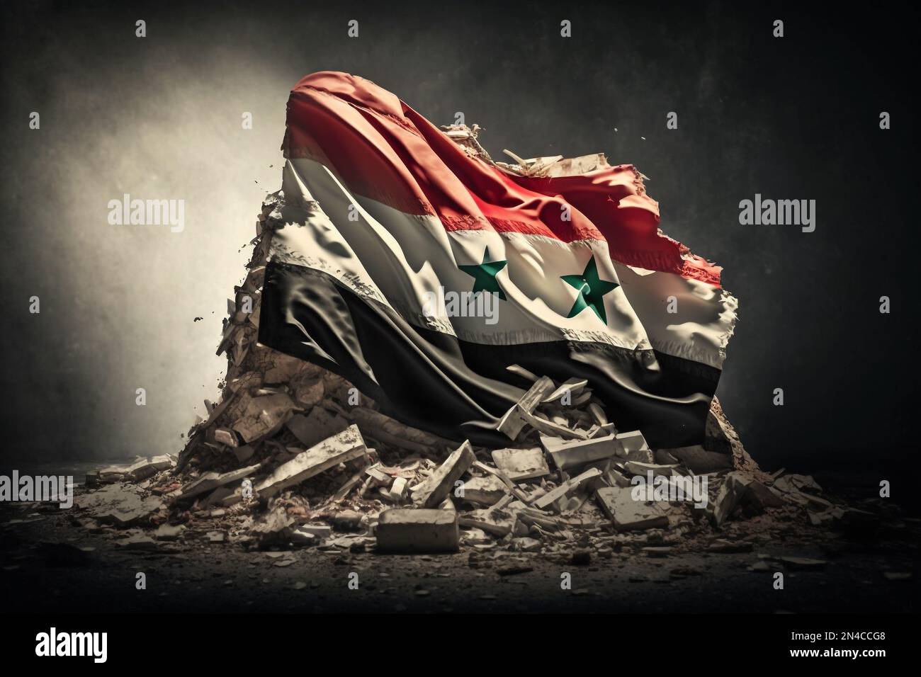 The Syrian flag flies over the state after the earthquake. Ruins ...