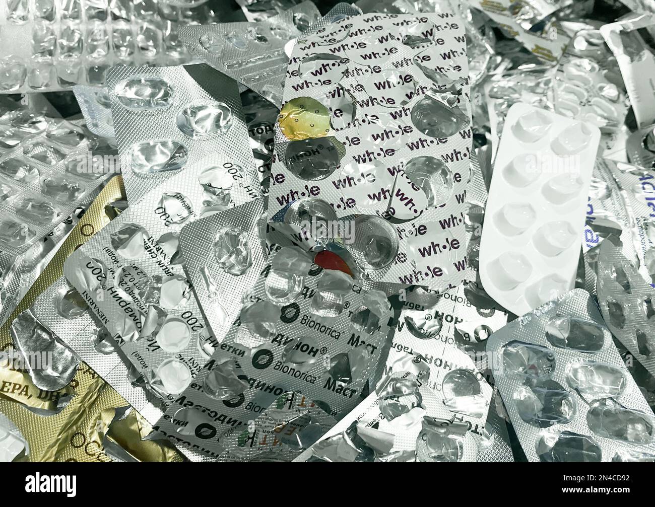 Moscow, Russia, November 2022: Lots of empty used pill blisters. The ...