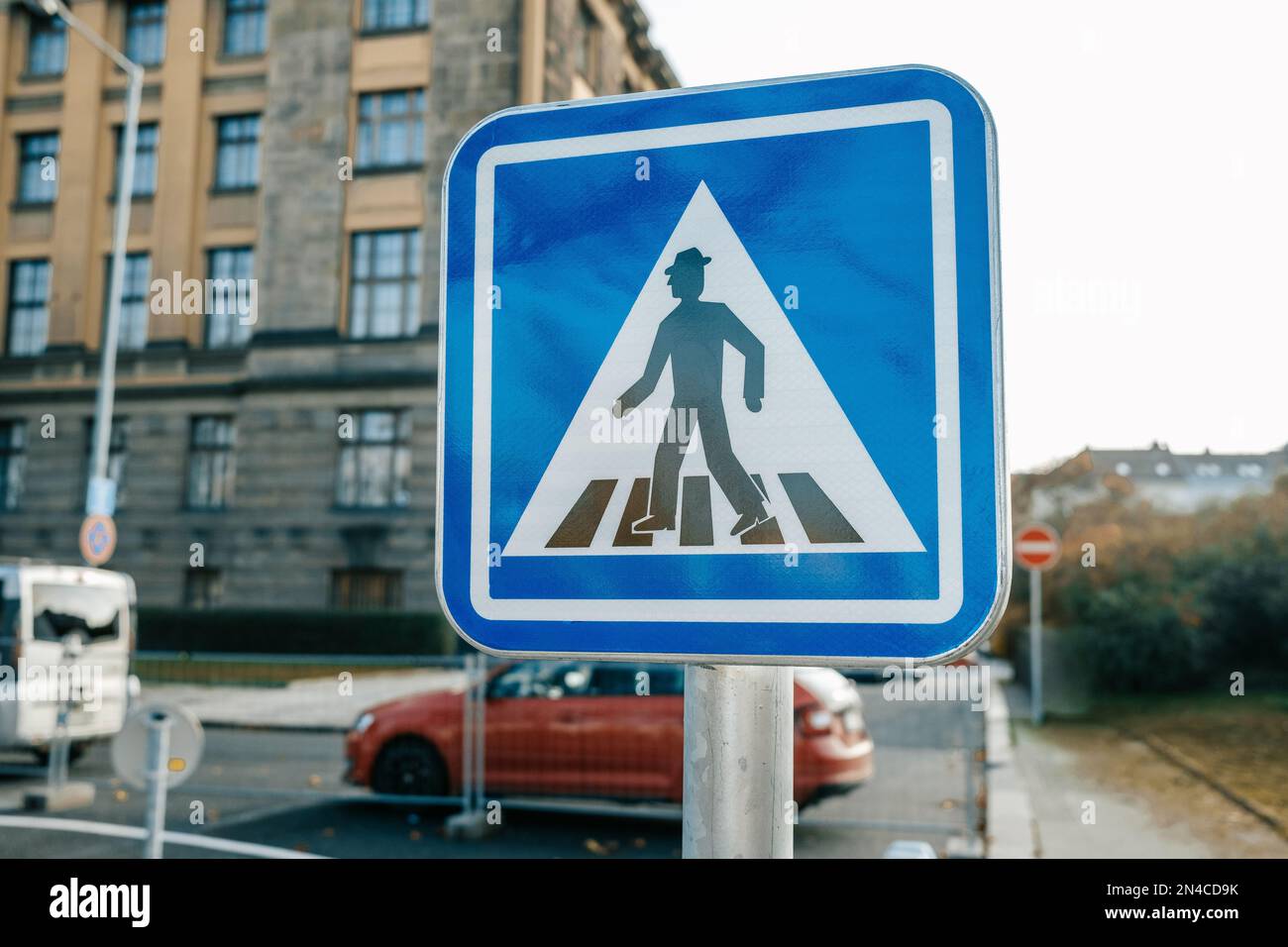 Blue road pedestrian crossing sign, crosswalk, old warning signal Stock ...