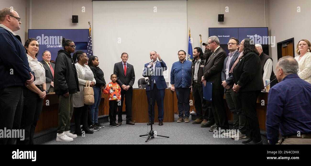 Mayor Kevin Scarpati speaks next to U.S. Sen. Richard Blumenthal during ...