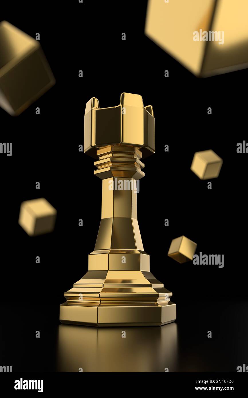 Golden Chess Rook Piece on Black Background with Cubes - 3D ...