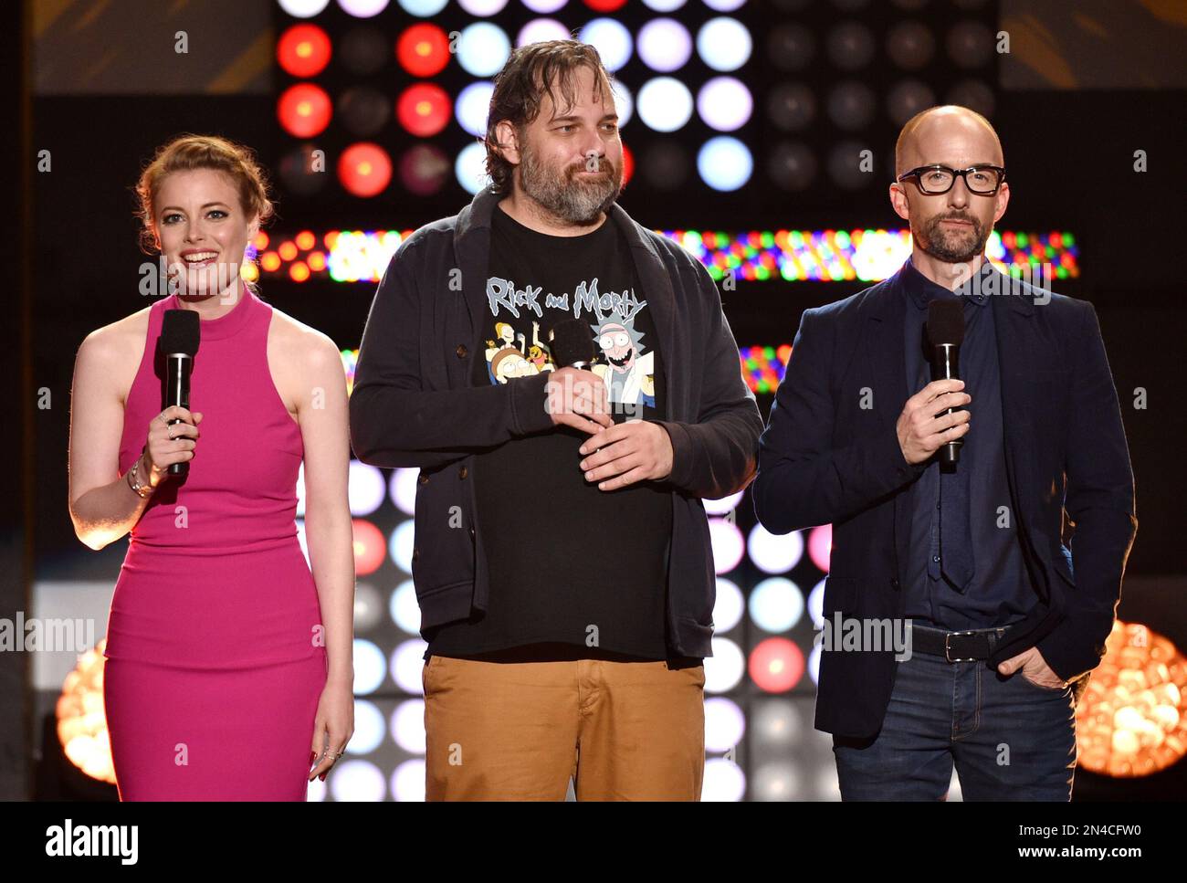 Gillian Jacobs, and from left, Dan Harmon, and Jim Rash present the ...