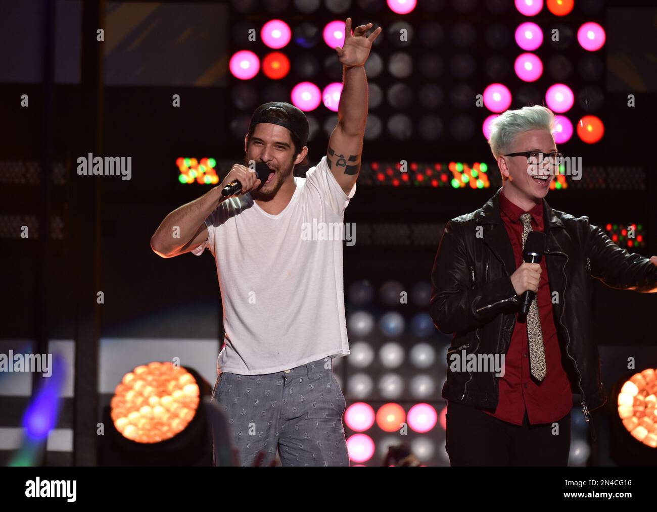 Tyler Posey, left, and Tyler Oakley present the OMG moment of the year ...