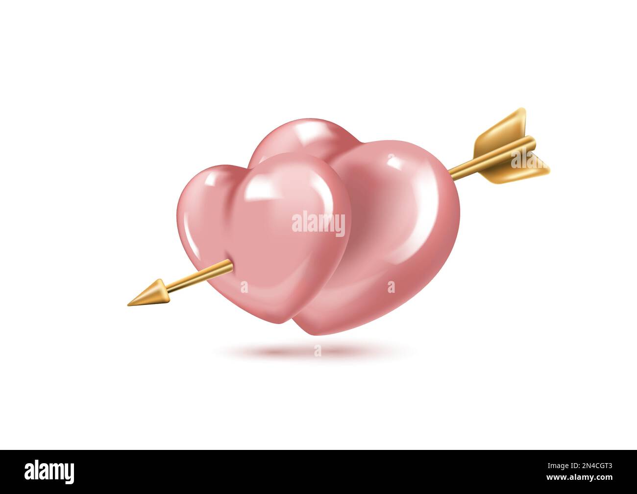 Couple realistic pink glossy candy hearts with golden arrow. Look like ...
