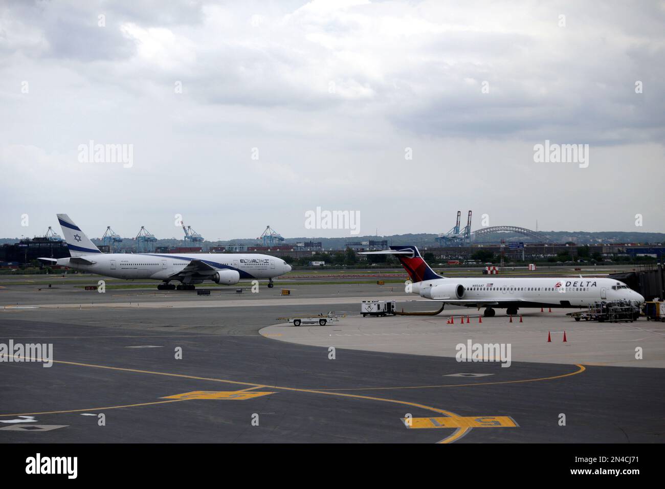 El Al Airlines plane Flight 28, left, taxis at Newark Liberty ...