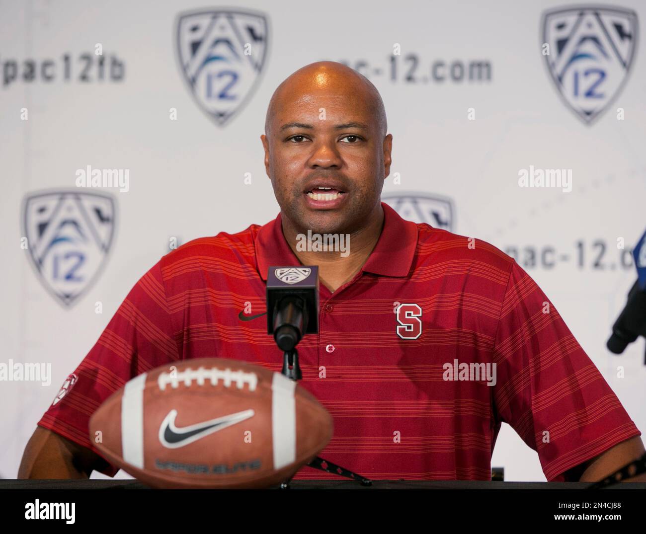 Stanford head coach David Shaw takes questions at the 2014 Pac-12 NCAA ...