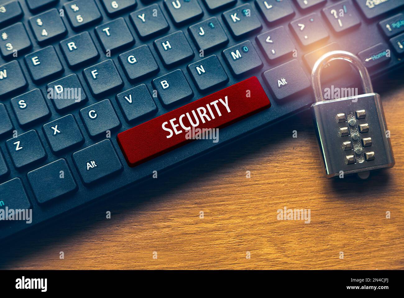 Padlock and computer keyboard with red button written with Security ...