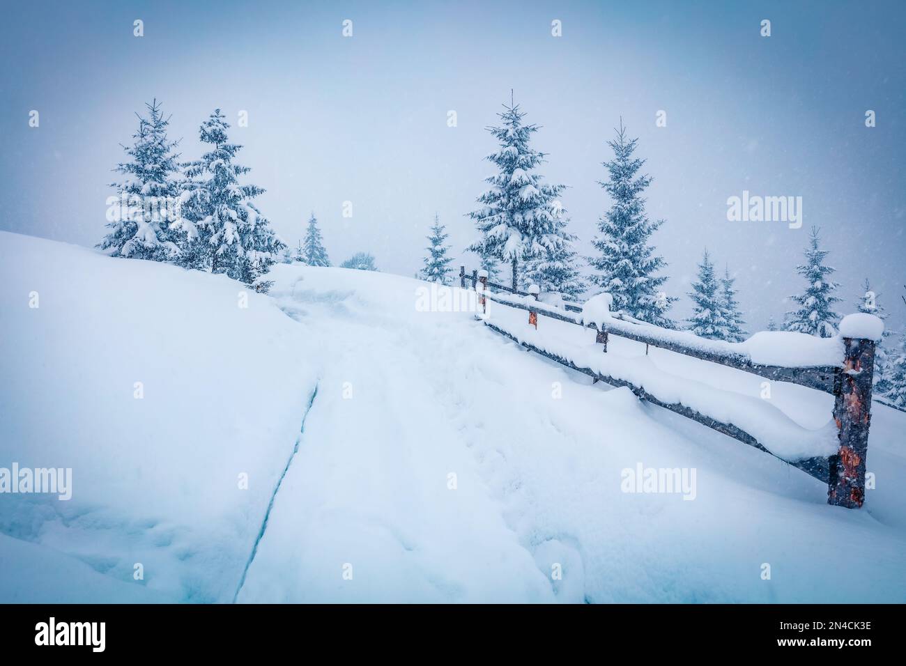 Snowy winter scenery. Amazing morning view of countryside with old road ...
