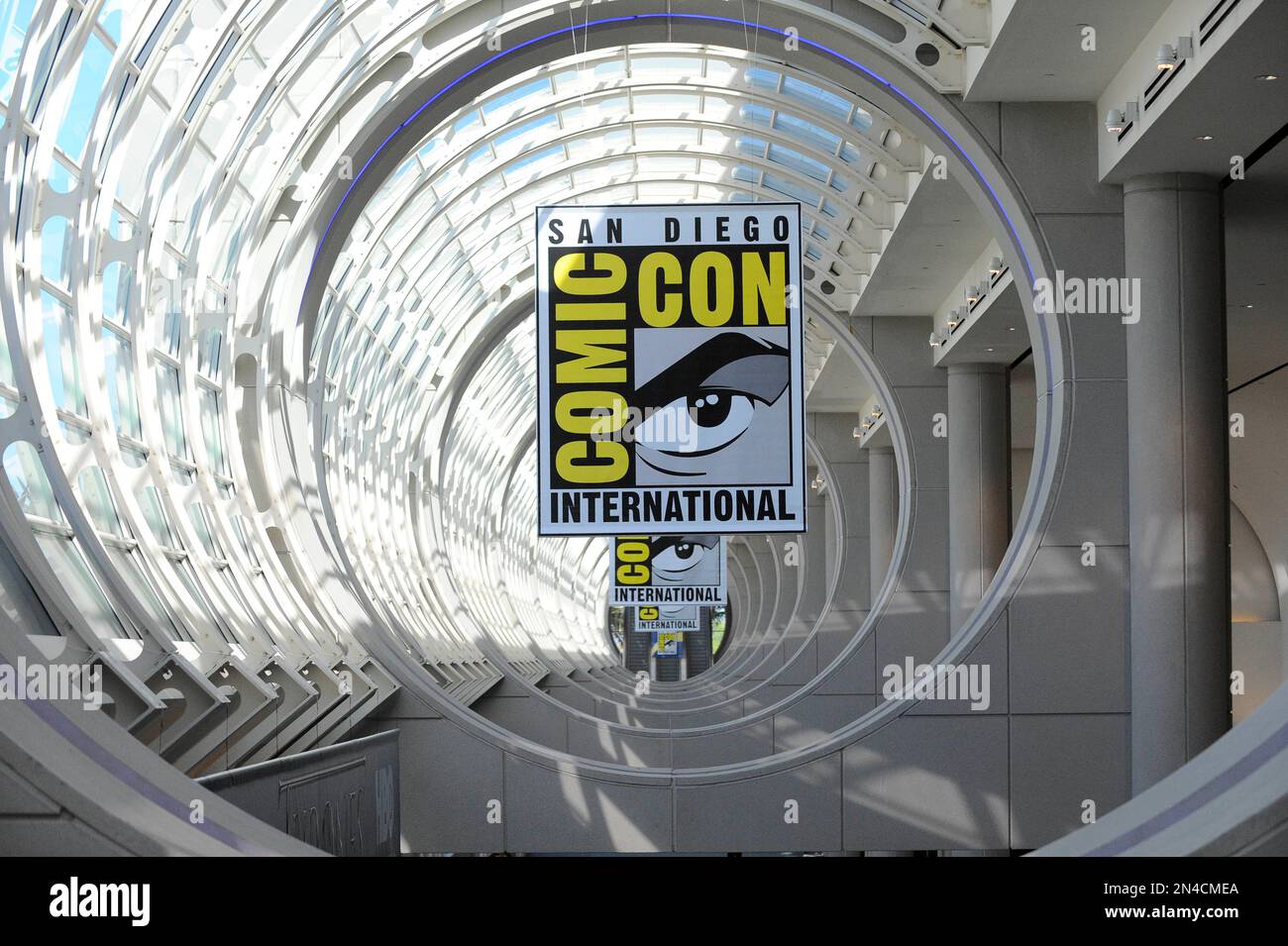 The Comic-Con logo sits above the convention center during preview ...