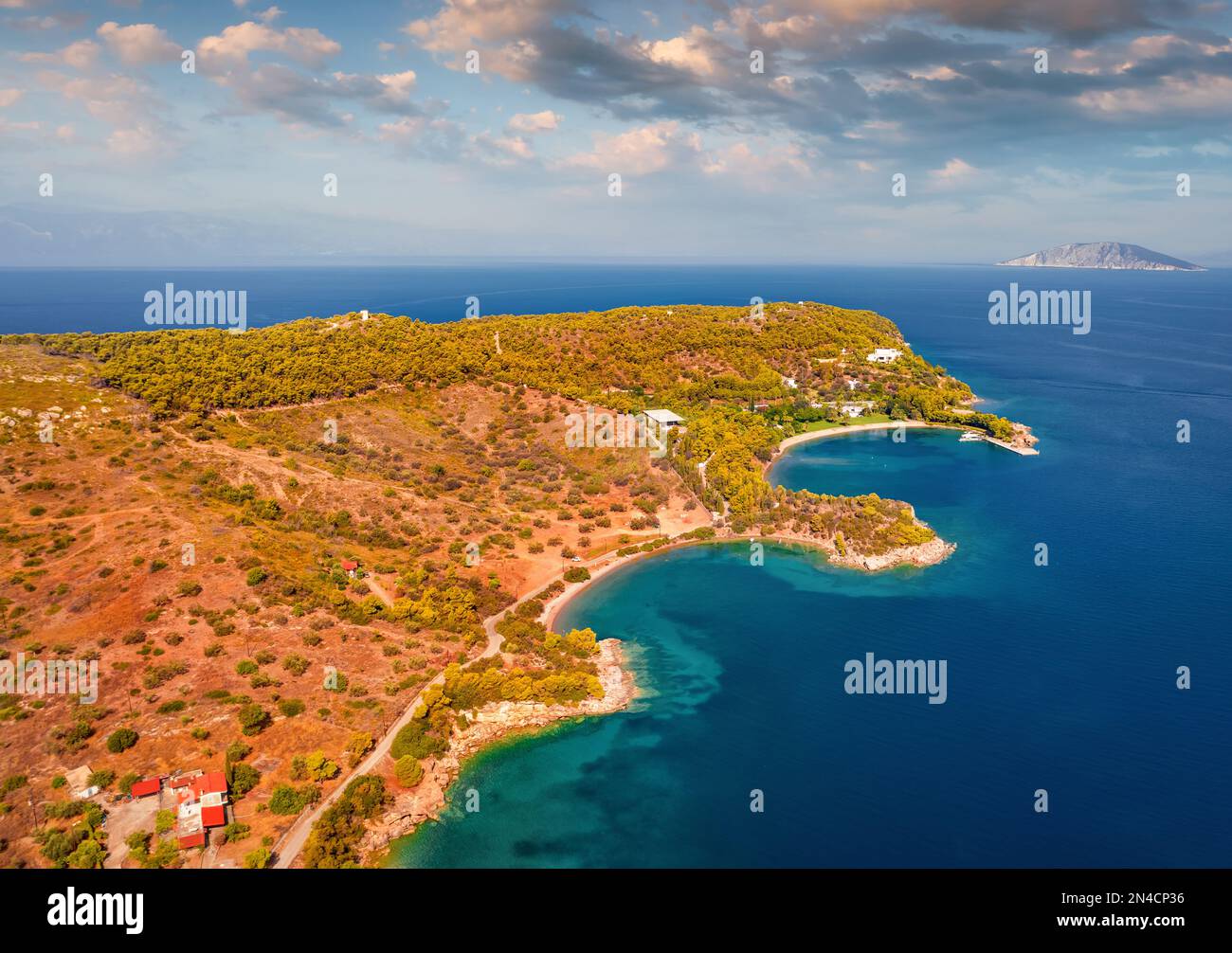View from flying drone of Thini village. Marvelous summer scene of ...