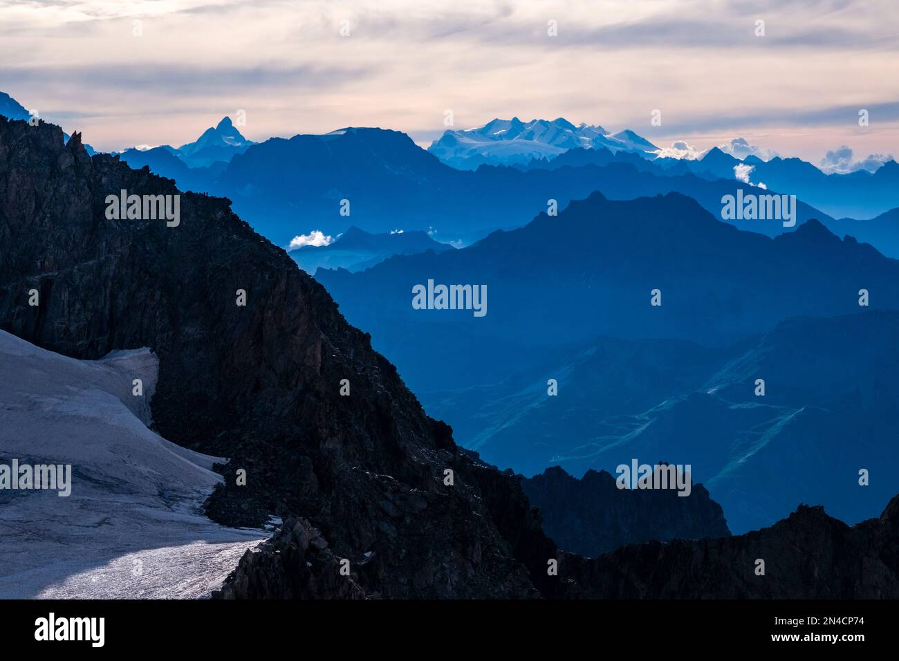 View from Pointe Helbronner over the Géant Glacier to the peaks south ...