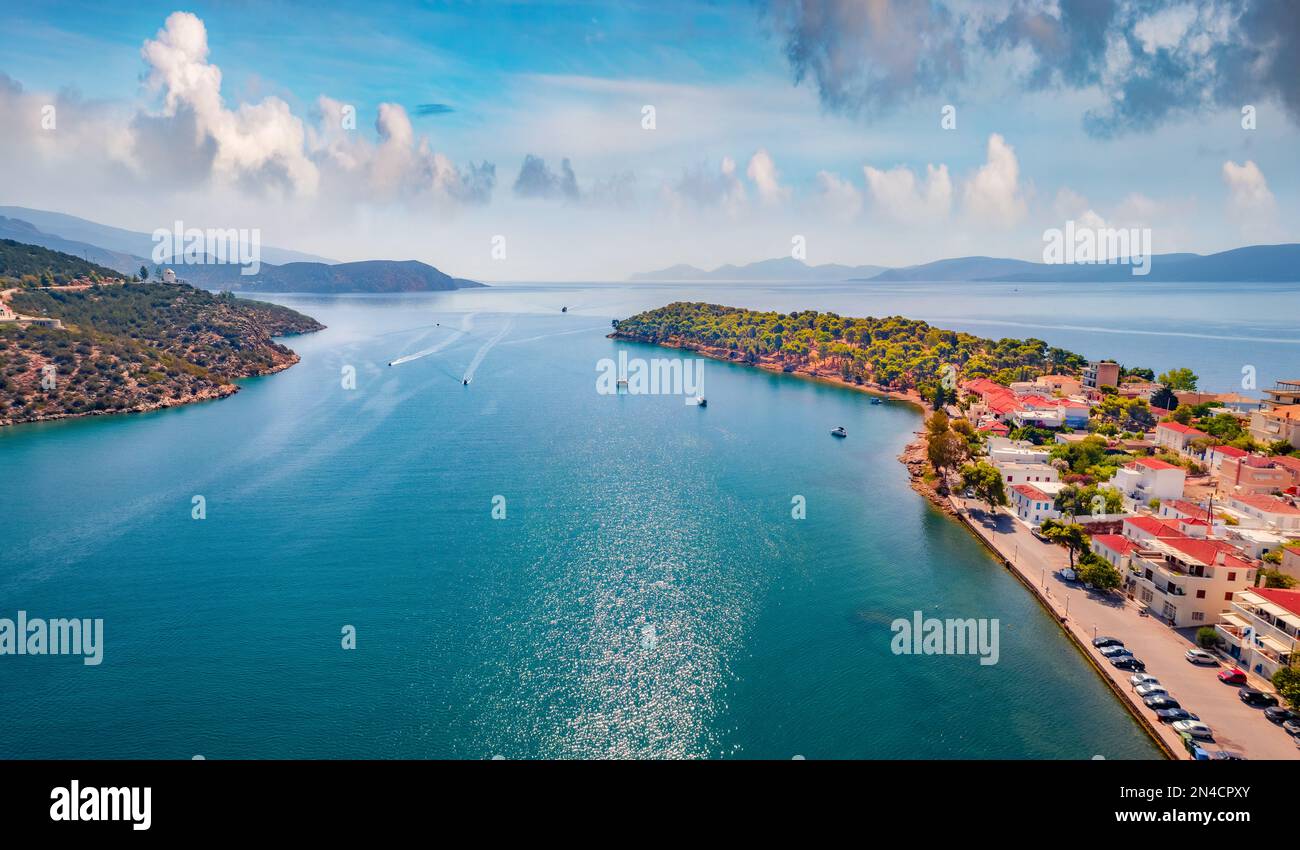 Spectacular summer cityscape of Ermioni port. Adorable morning seascape ...