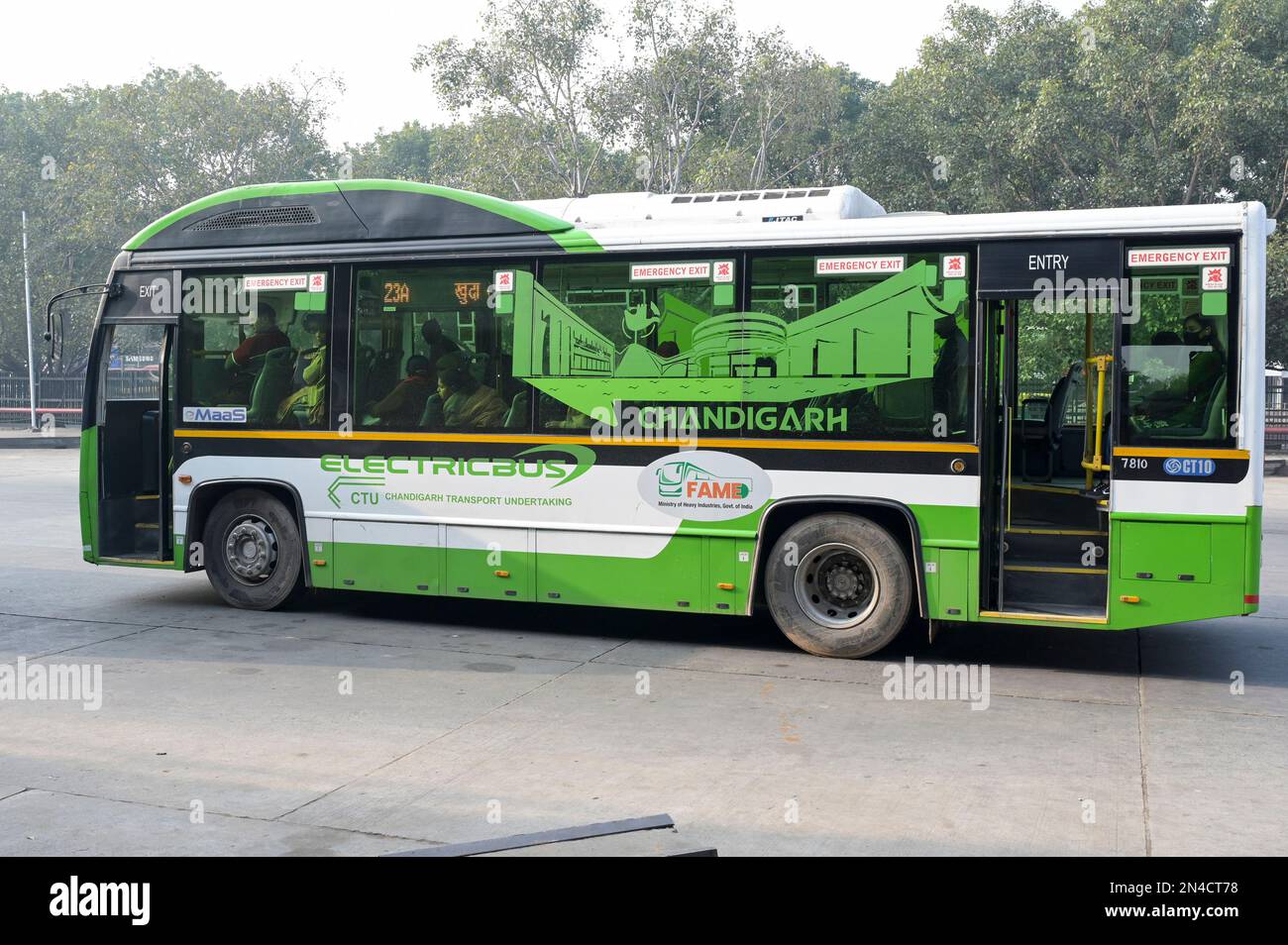 INDIA, Chandigarh, Sector 17, local bus terminal, Ashok Leyland electric bus for public ...