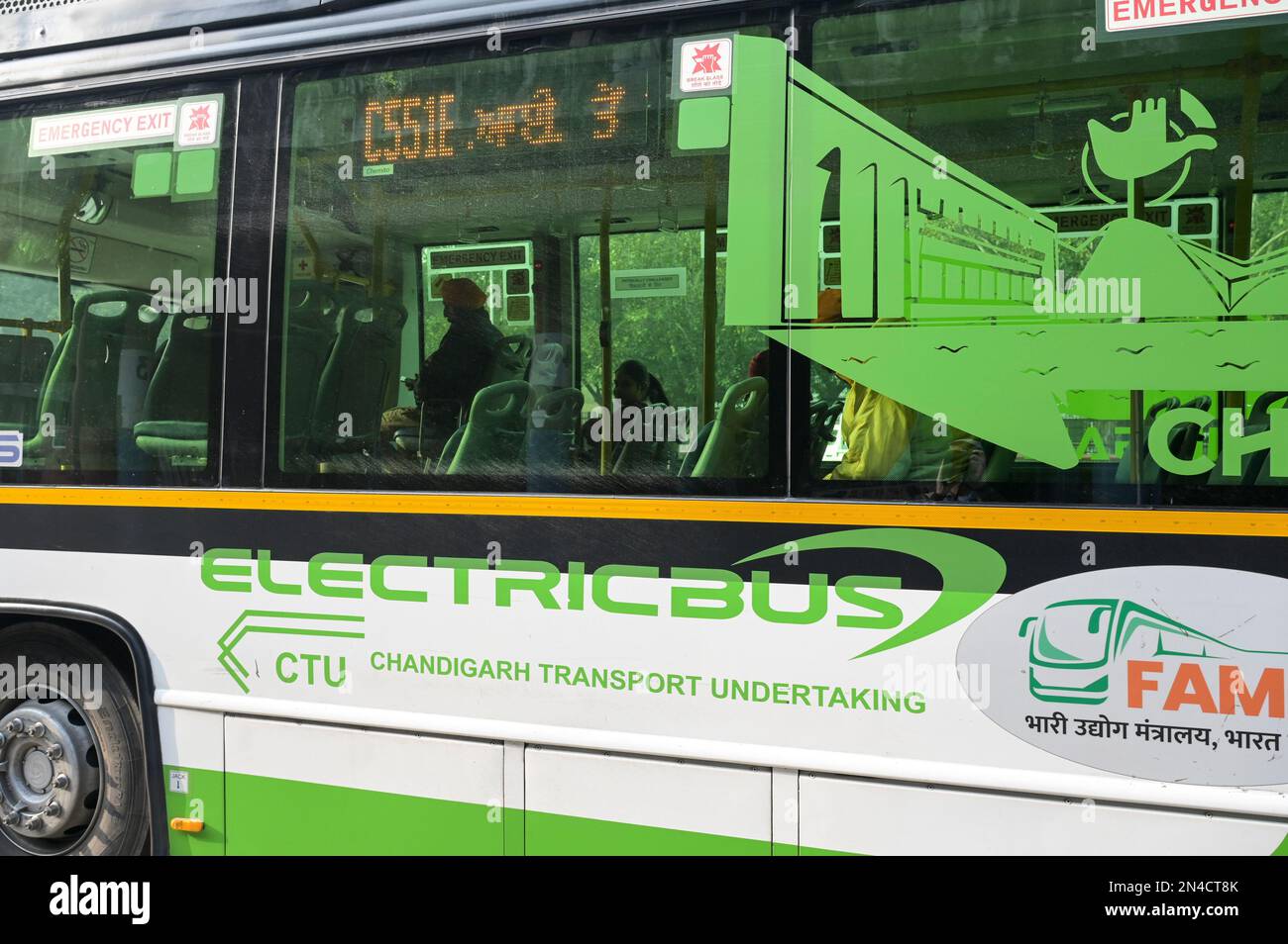 INDIA, Chandigarh, Sector 17, local bus terminal, Ashok Leyland electric bus for public ...
