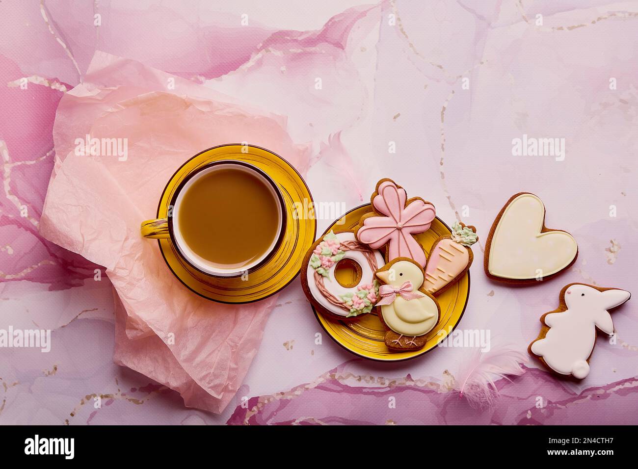 Aesthetics Easter pink background - pastel glazed cookies and coffee ...