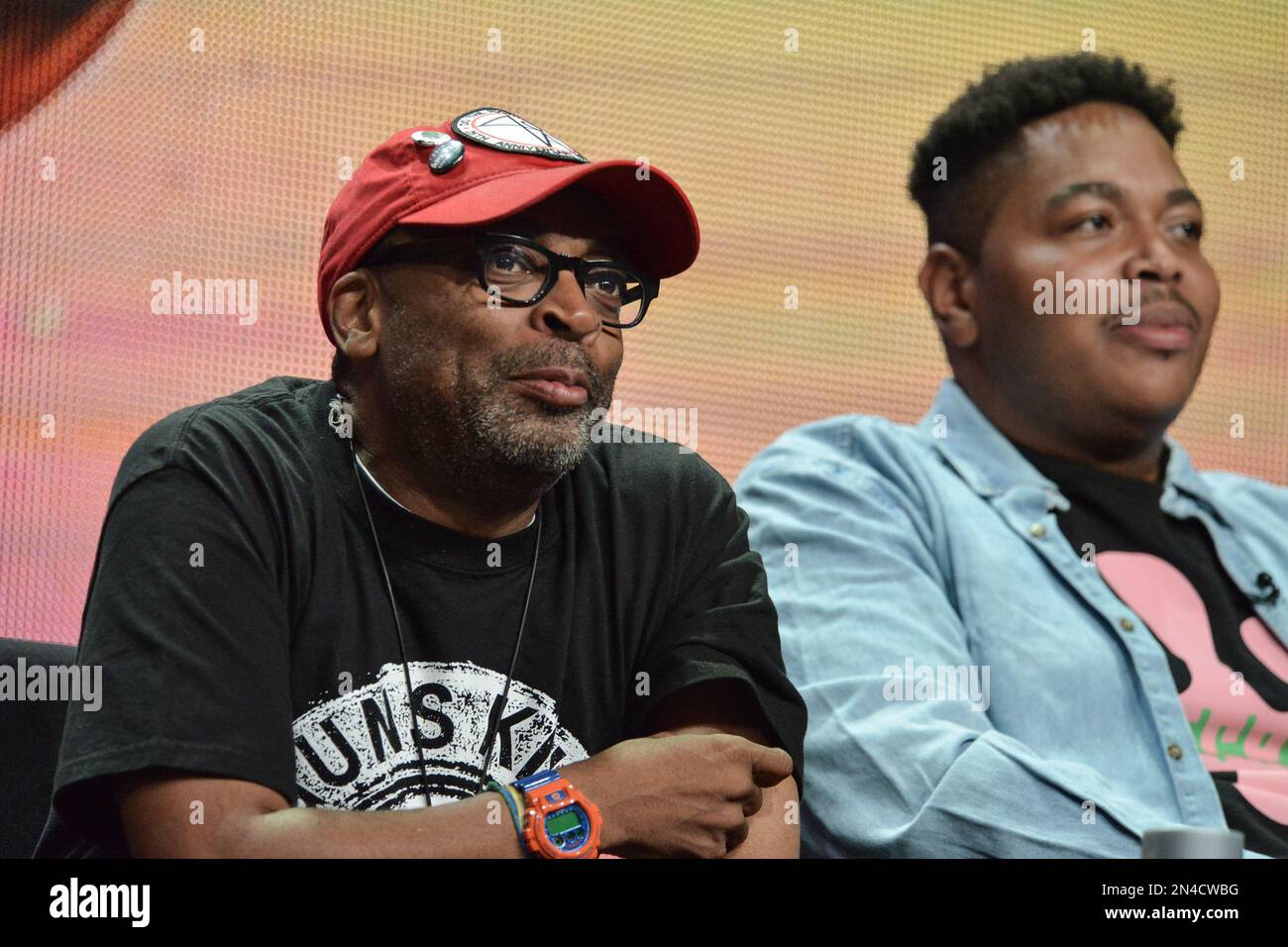 Spike Lee, left, and Darius Monroe speak on stage during the ...