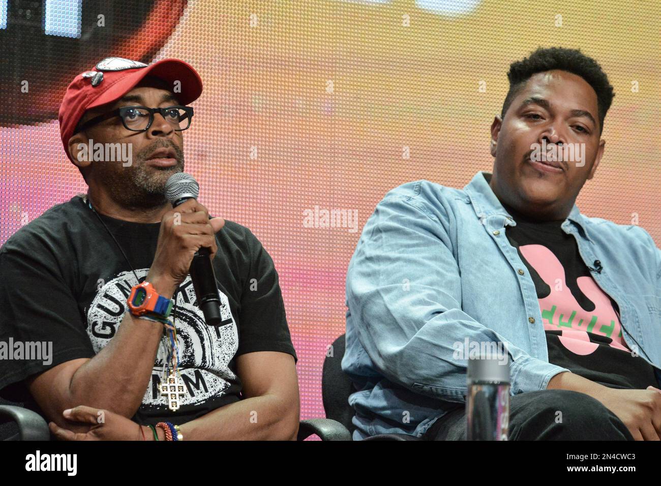 Spike Lee, left, and Darius Monroe speak on stage during the ...