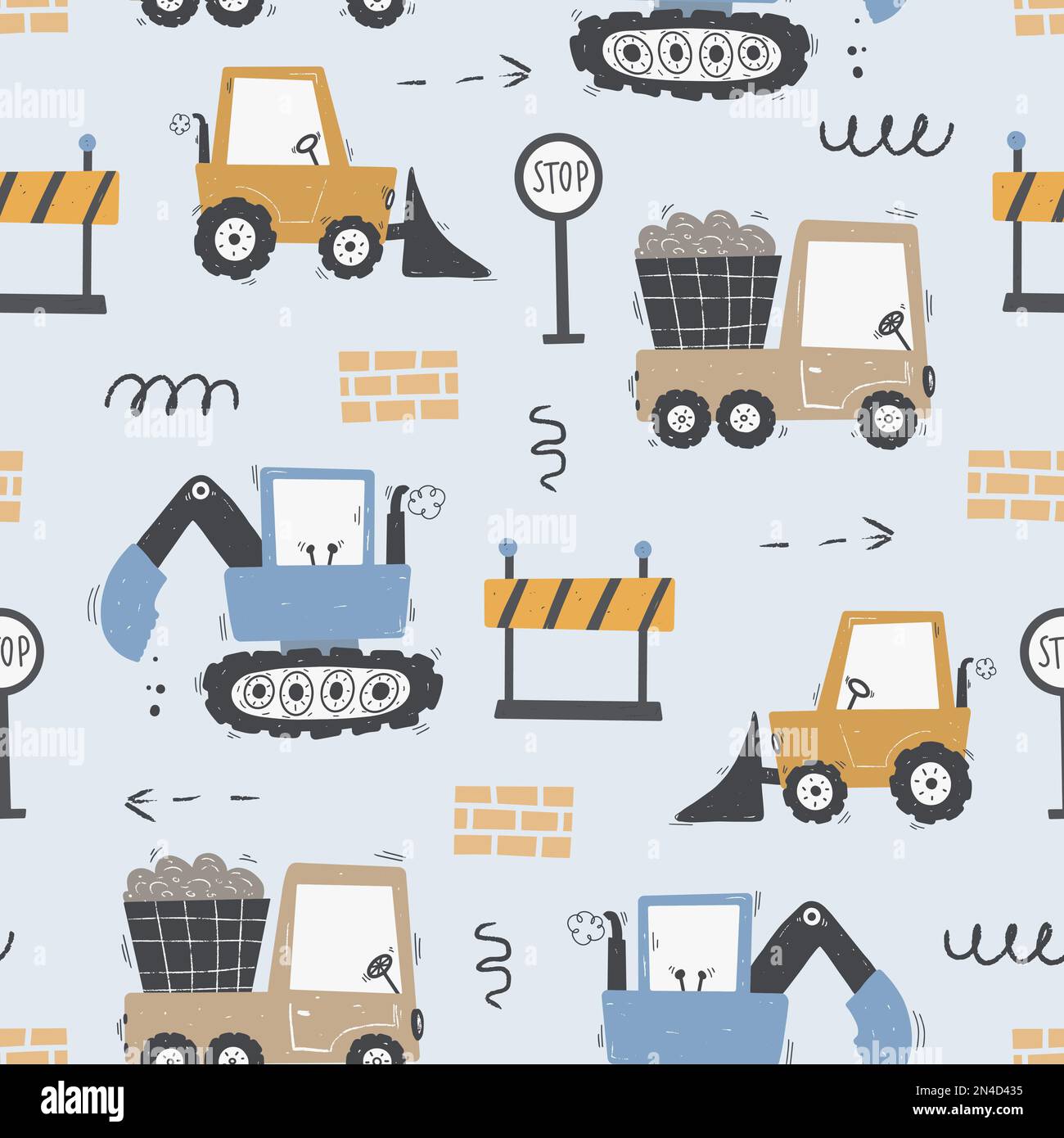 Cute children's seamless pattern with trucks and diggers in ...