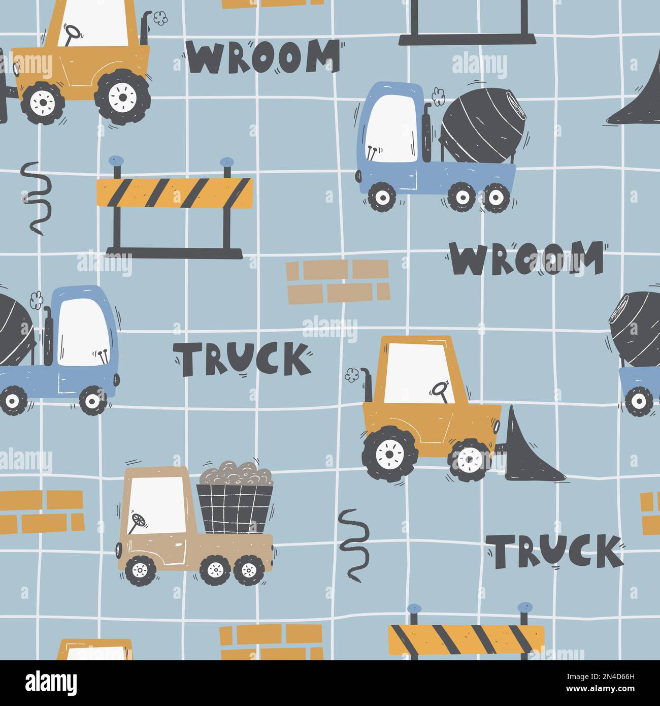 Cute children's seamless pattern with trucks and diggers in ...