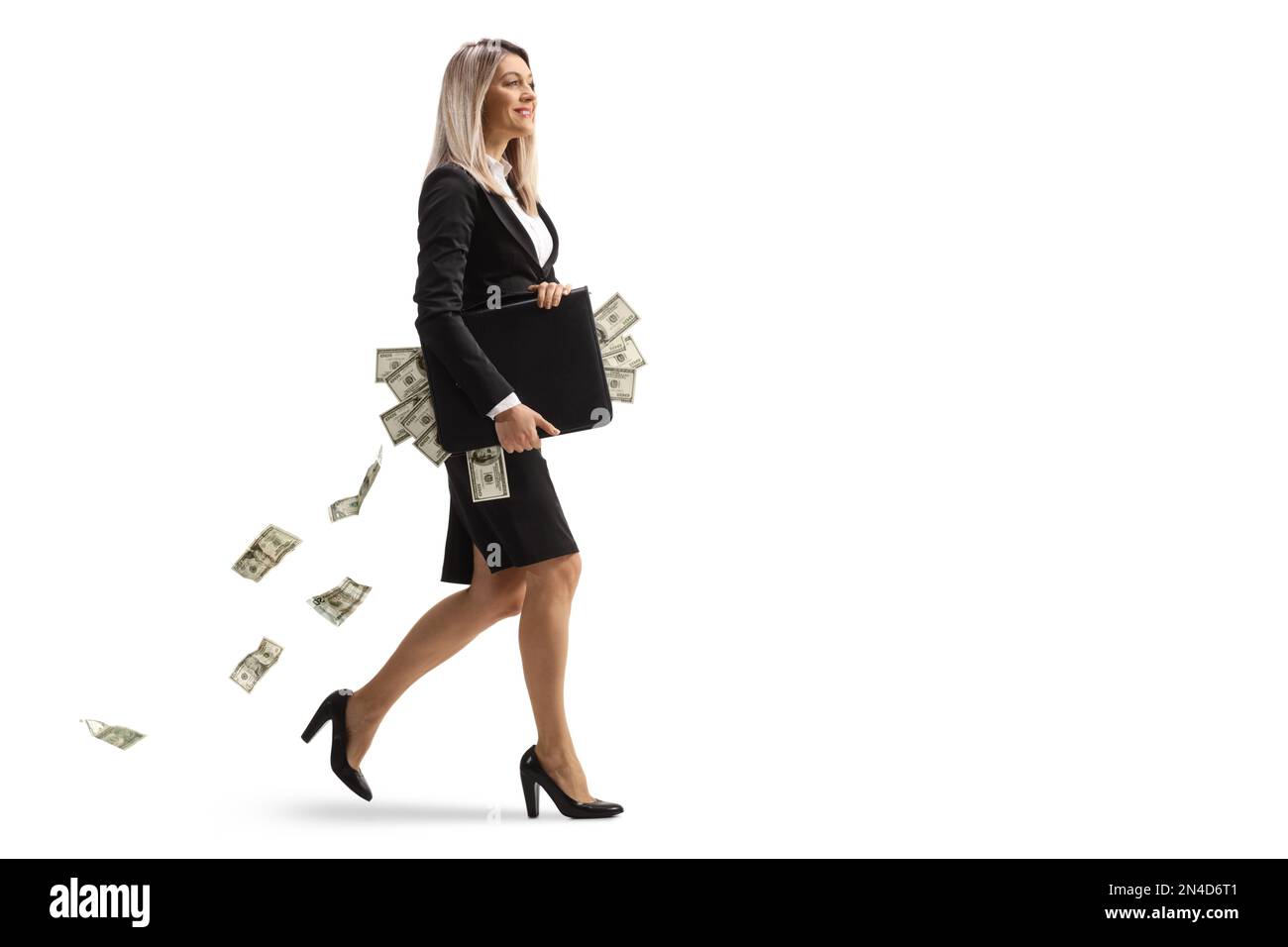 Businesswoman walking and carrying a suitcase full of money isolated on ...