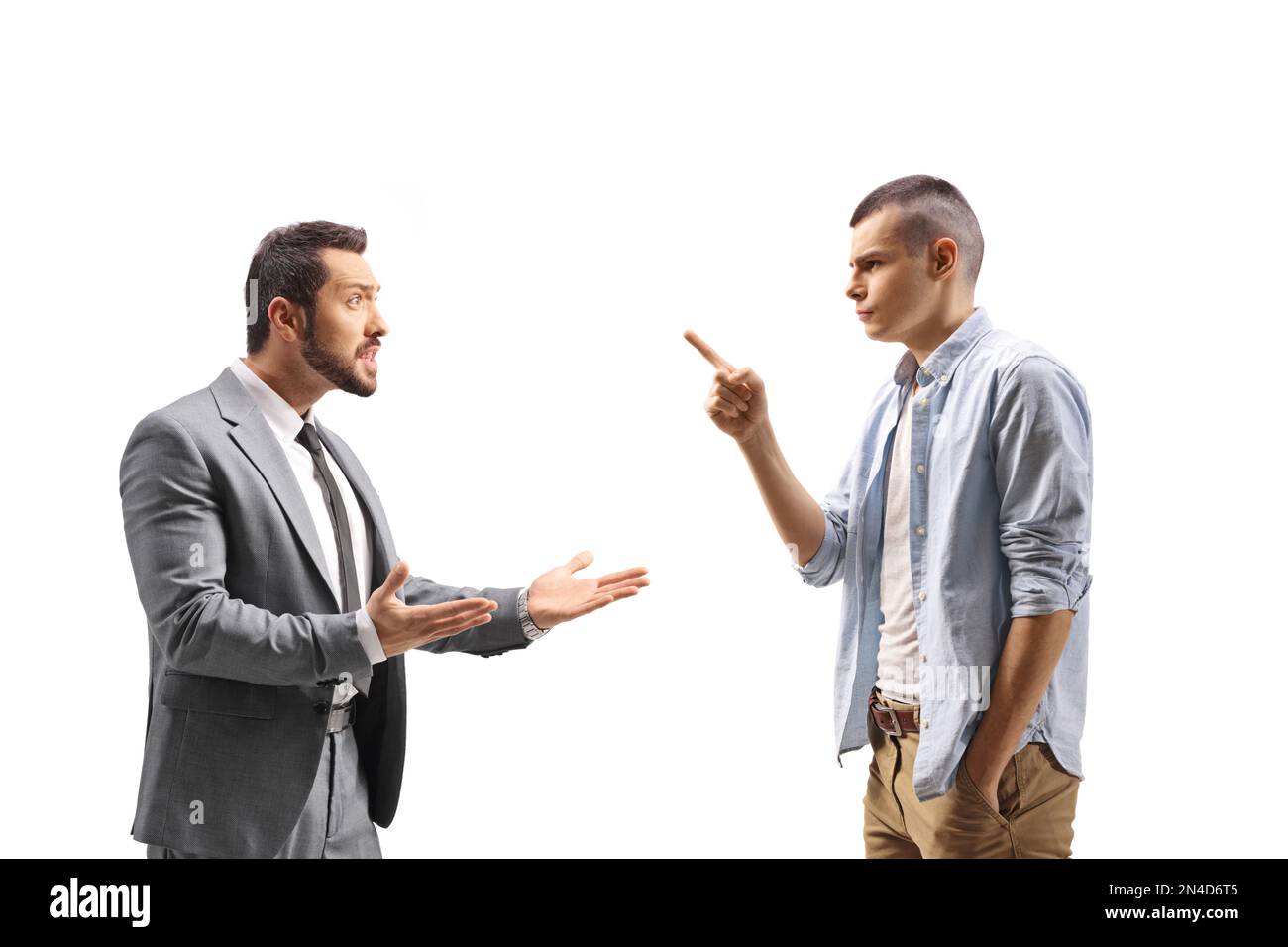 Businessman arguing with a younger guy isolated on white background ...