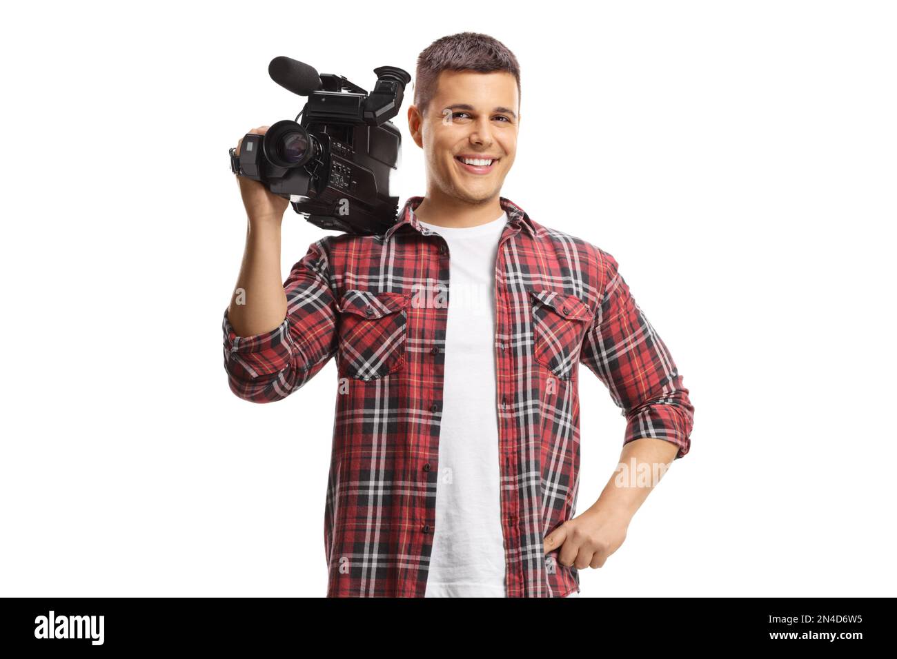 Man holding a professional recording camera on shoulder and smiling ...