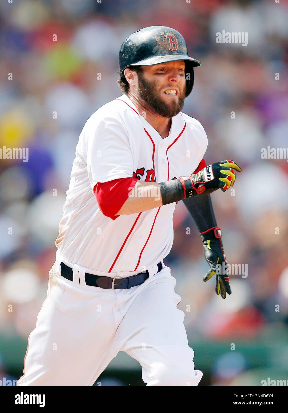 Boston Red Sox's Dustin Pedroia runs on a ground out during the fourth inning of a baseball game ...