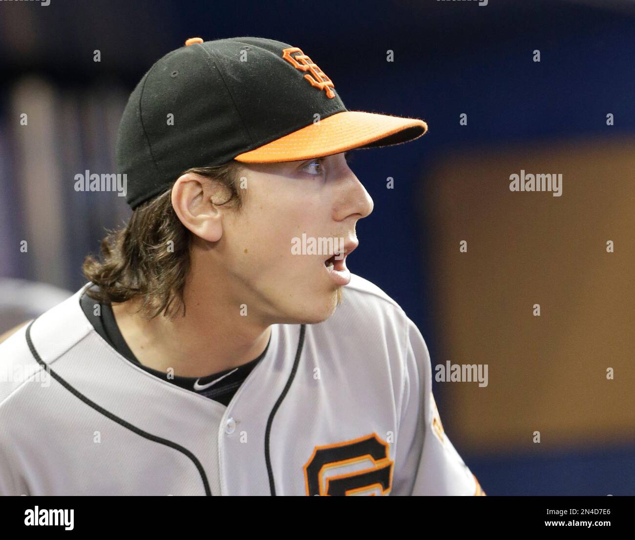 San Francisco Giants starting pitcher Tim Lincecum looks out from the ...