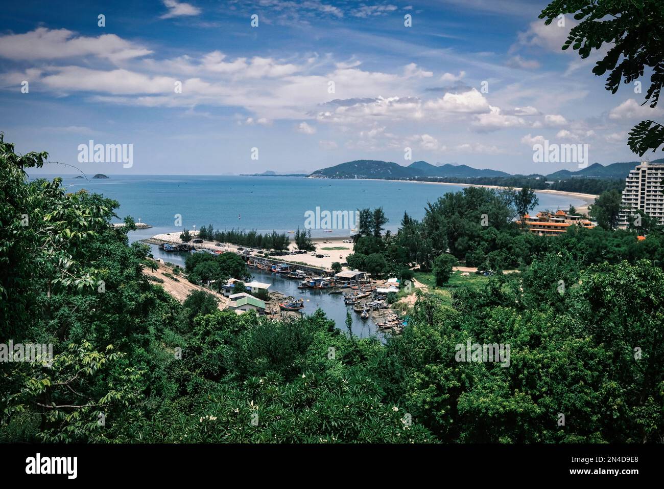 A beautiful view of a beach with greenery under a blue sky with clouds ...