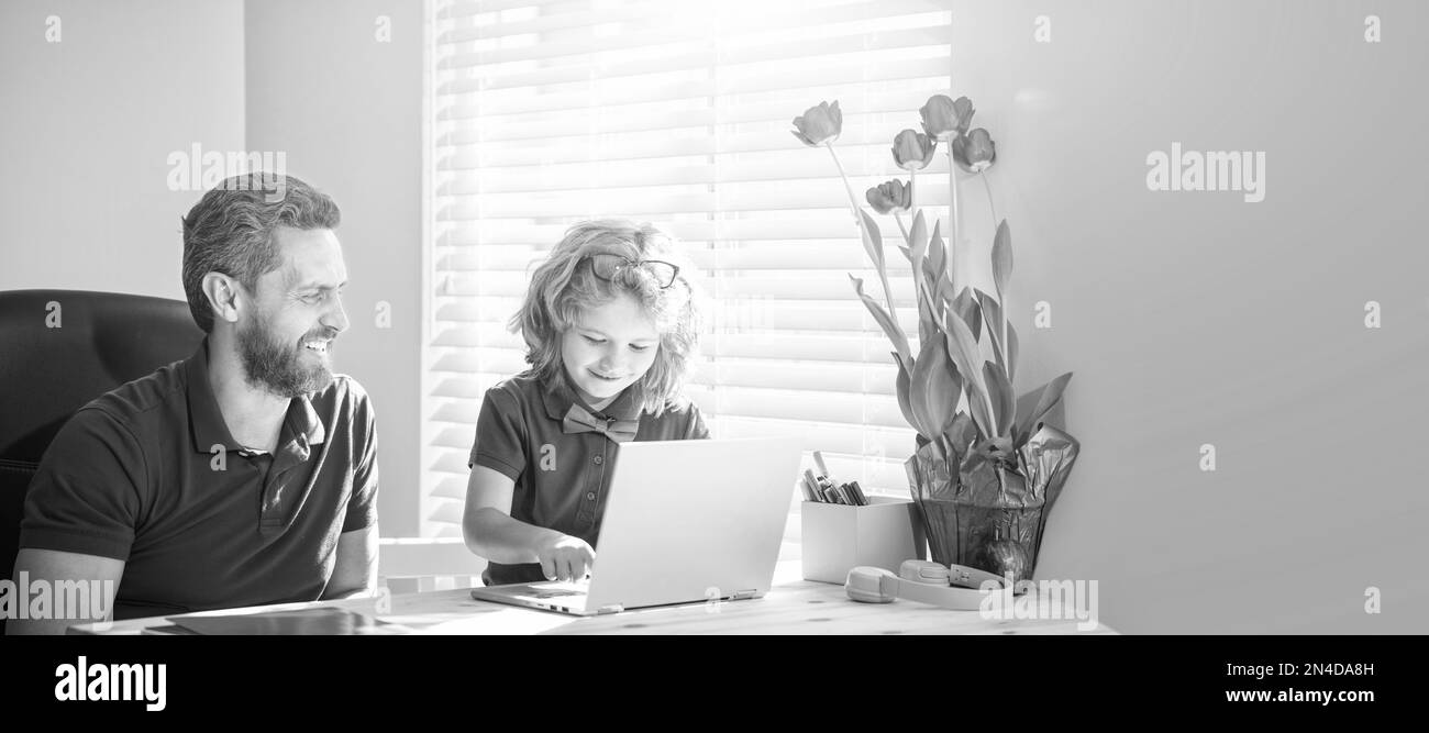Banner of teacher and pupil school boy with laptop at home ...