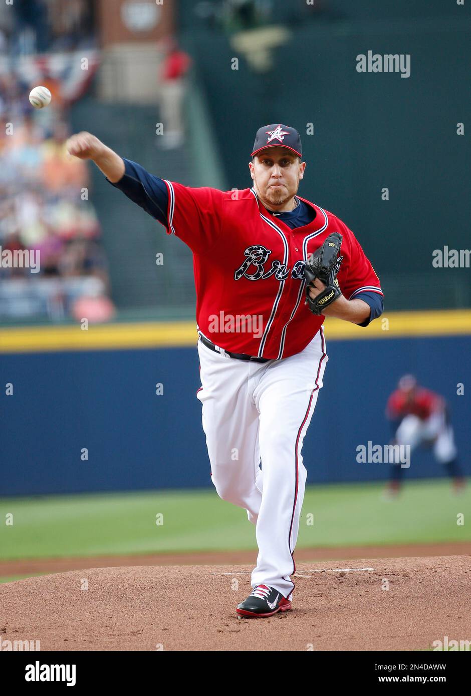 Atlanta Braves starting pitcher Aaron Harang (34) works in the first ...