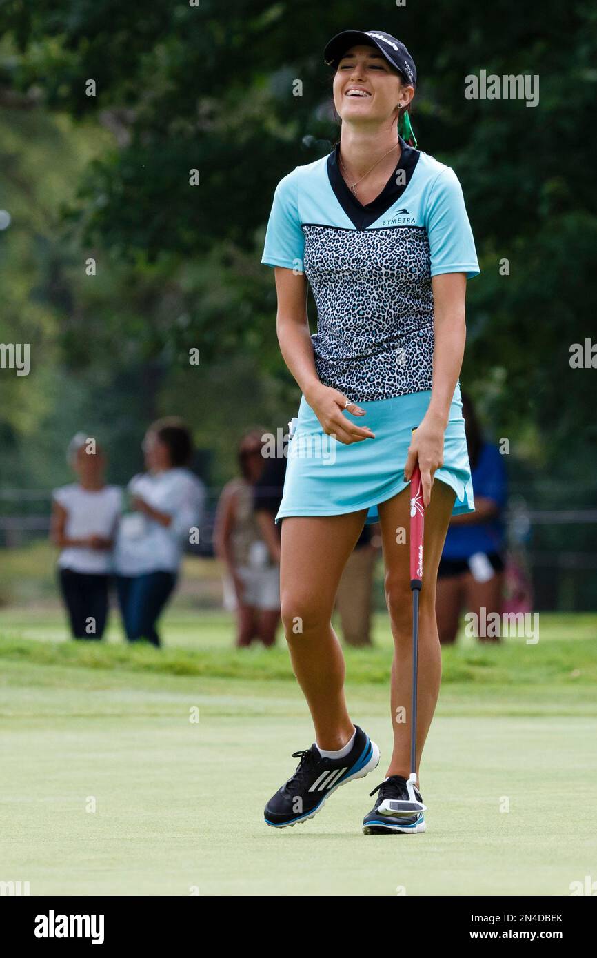 Jaye Marie Green reacts after sinking a birdie putt on the 17th hole ...
