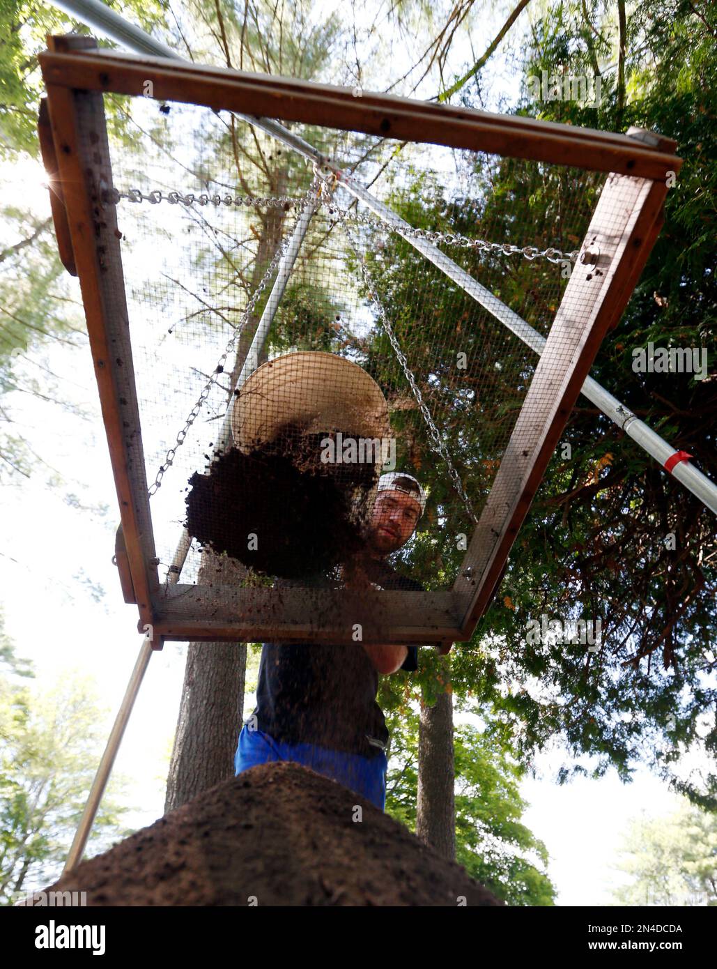 Volunteer Adam Gersten sifts dirt looking for artifacts during an ...