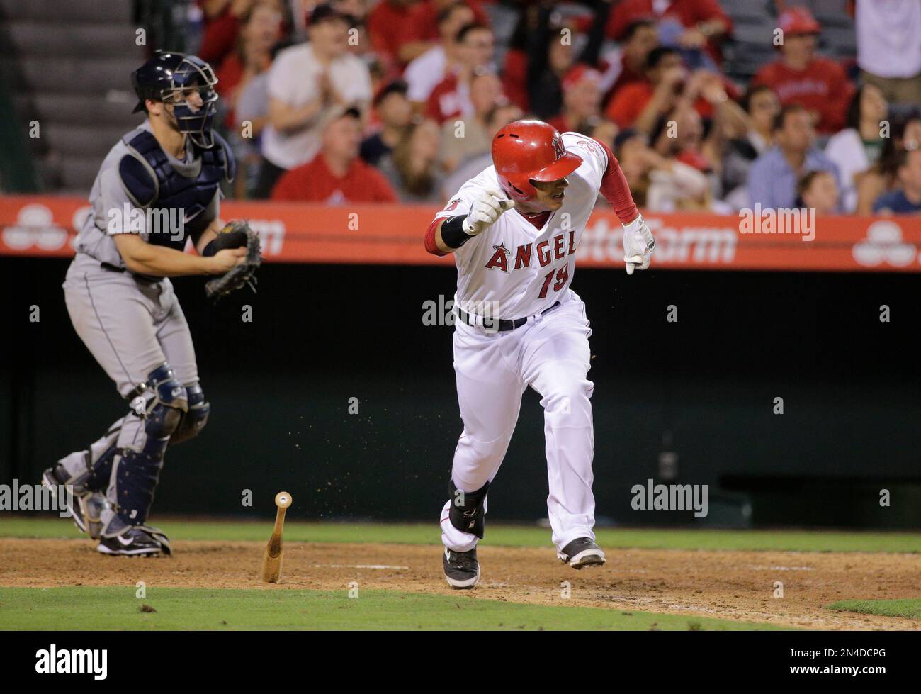 Los Angeles Angels' Efren Navarro hits a walk-off double during the ...