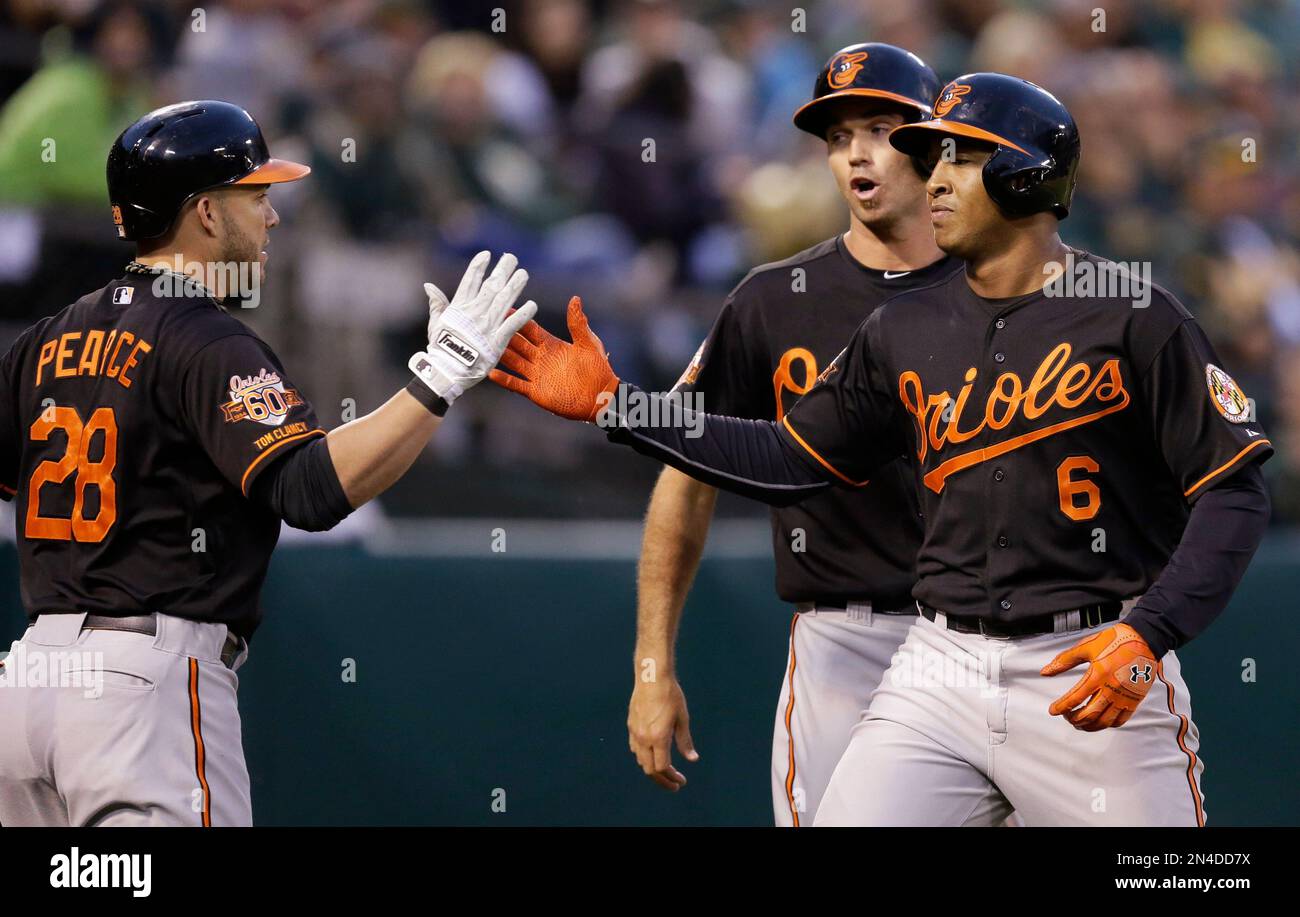 Baltimore Orioles' Jonathan Schoop, right, is congratulated by Steve ...