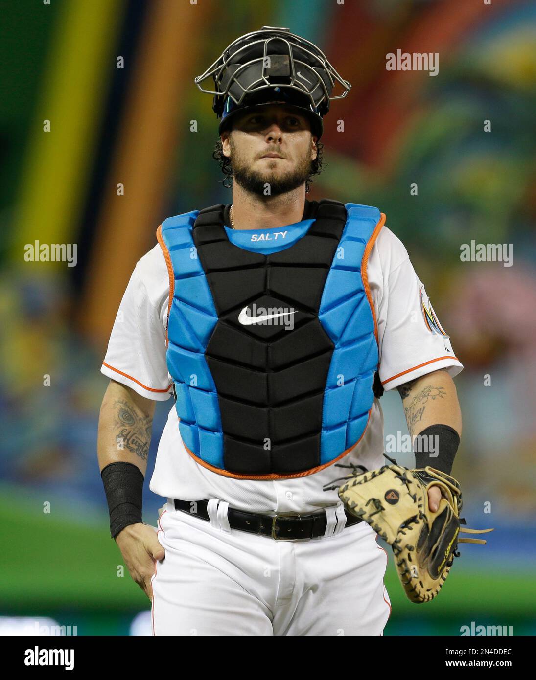 Miami Marlins' catcher Jarrod Saltalamacchia heads to the dugout before ...