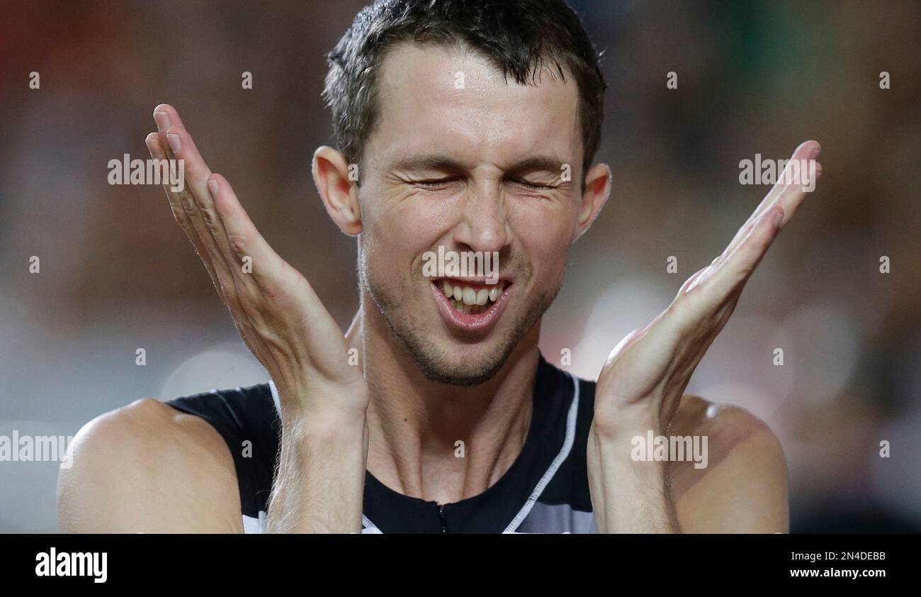 Ukrainian Bohdan Bodarenko reacts after winning the high jump men event ...