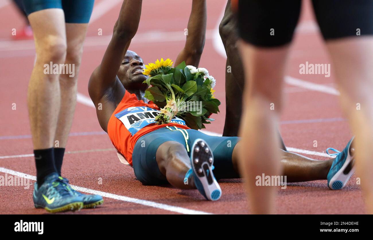 Nigel Amos of Botswana reacts after winning the 800m men race at the ...