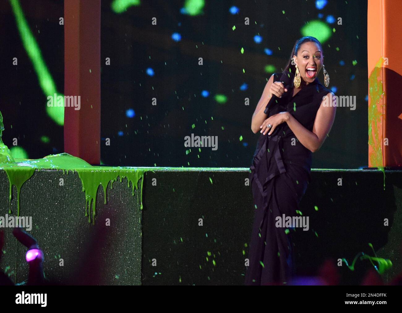 Tia Mowry speaks on stage at the Kids' Choice Sports Awards at UCLA's ...