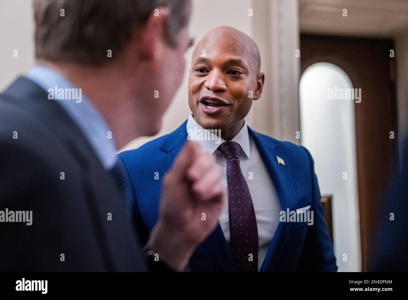 UNITED STATES - FEBRUARY 7: Maryland Gov. Wes Moore, right, greets Sen ...