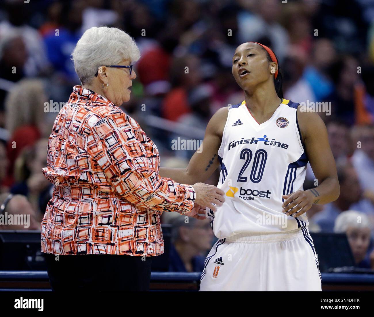 Indiana Fever head coach Lin Dunn talks with Briann January during the ...