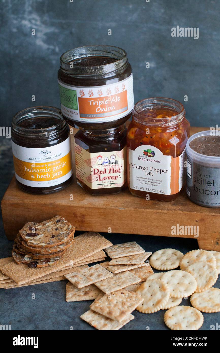 This June 30, 2014 photo shows an assortment of savory jams left to ...