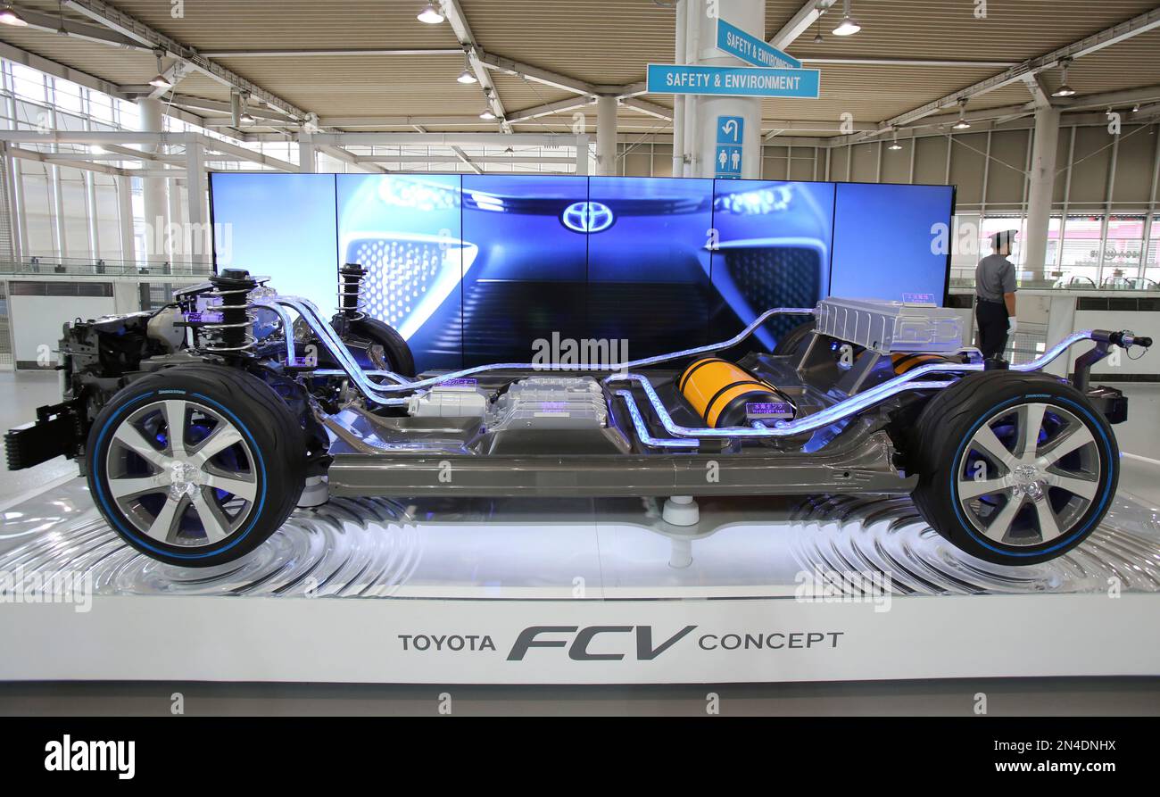 In this June 26, 2014 photo, a model of Toyota Motor's new fuel cell ...