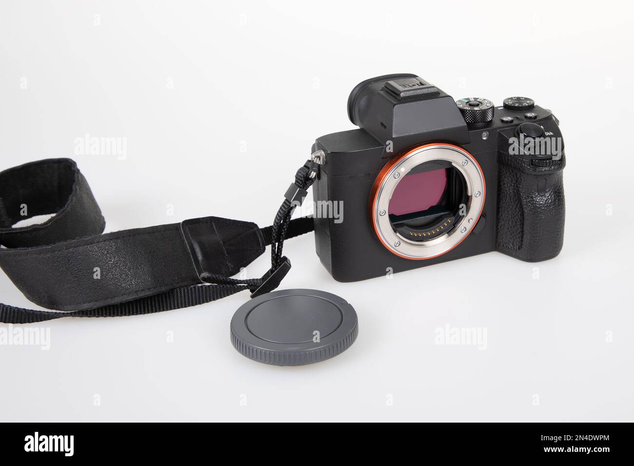 Professional black modern DSLR camera hybrid on white background Stock ...