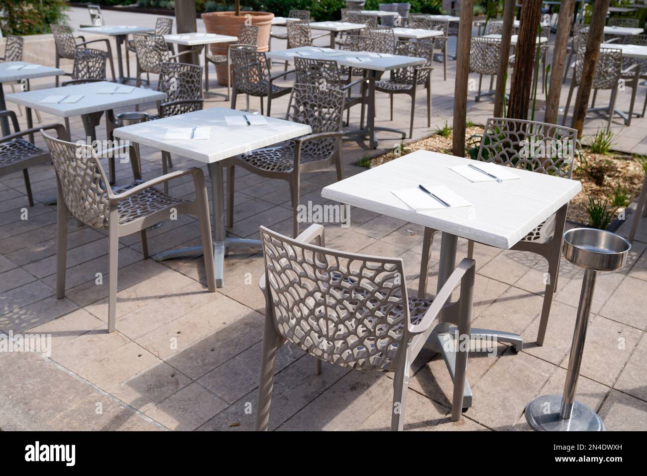 Charming design grey modern chairs on cafe outdoor restaurant coffee ...