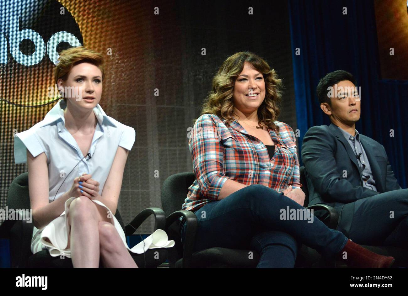 From left, Karen Gillan, Emily Kapnek, and John Cho speak onstage ...