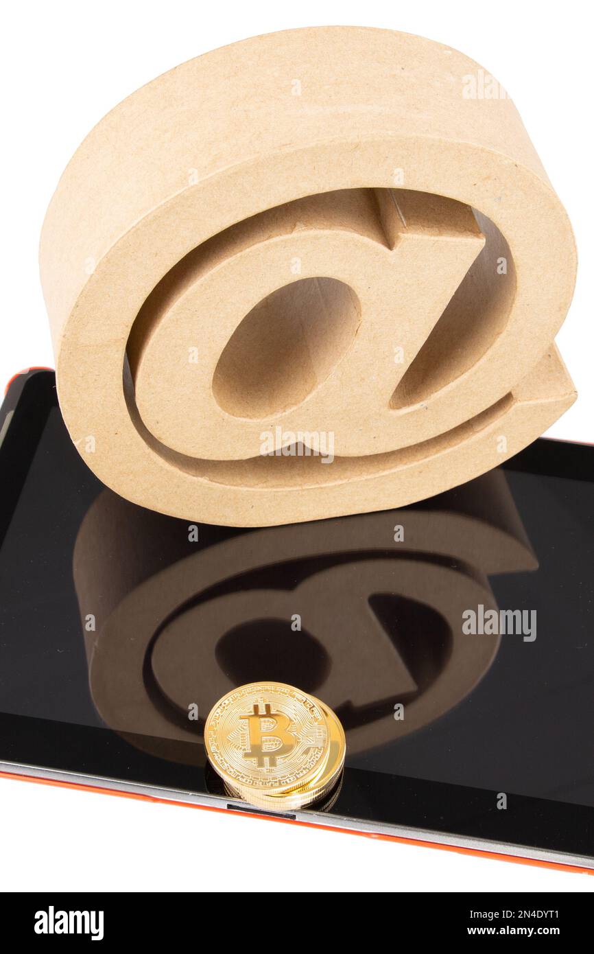 black screen tablet with coin gold bitcoin digital money with arobase ...