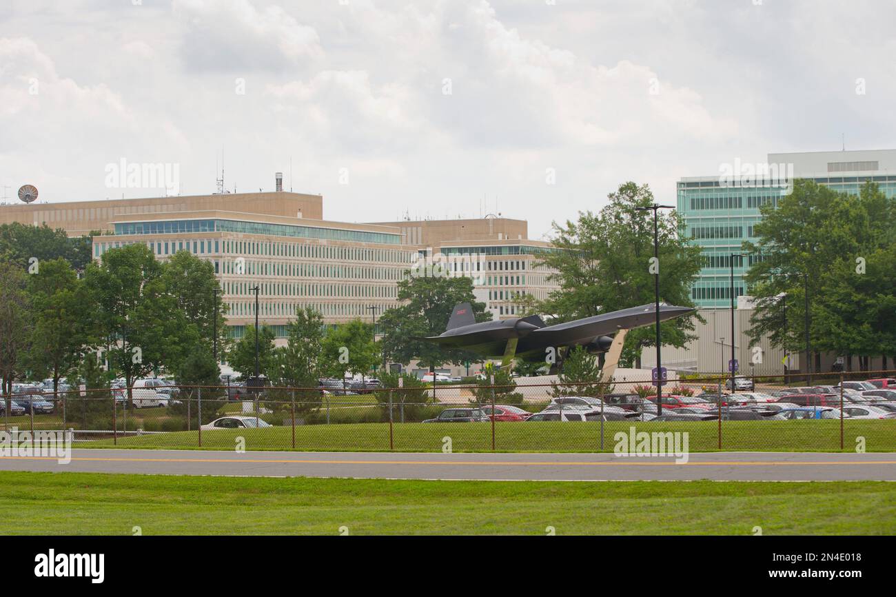 A Lockheed SR-71 "Blackbird" aircraft on display in the parking lot at ...