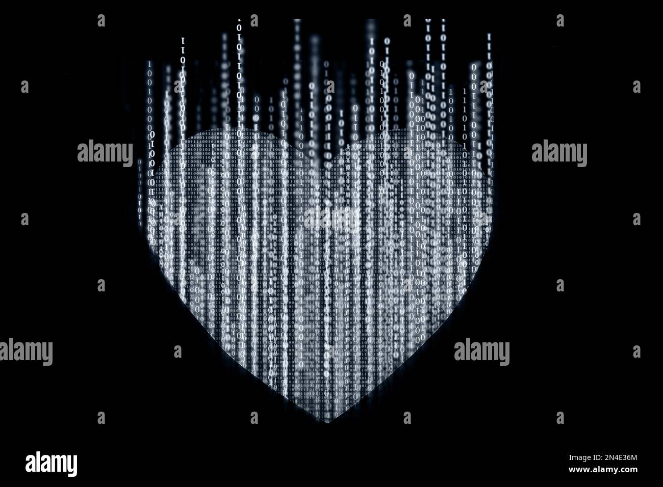 White Heart-shaped composed of binary computer code on a black background. The concept of ...